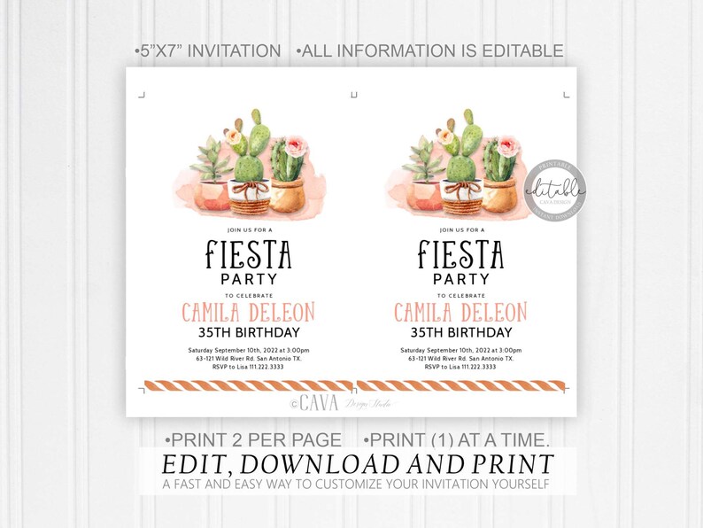 Editable Fiesta Birthday Invitation Cactus Invitation - Etsy
