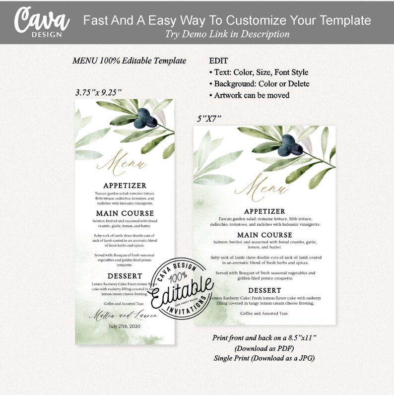 Olive Branch Wedding Menu Template, Greenery Menu Card Template ...