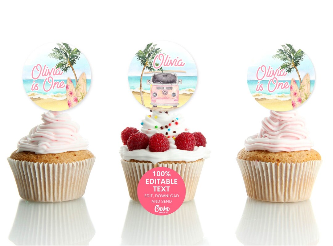 Beach Girl Birthday Cupcake Toppers Template, Girl Surfing Birthday ...