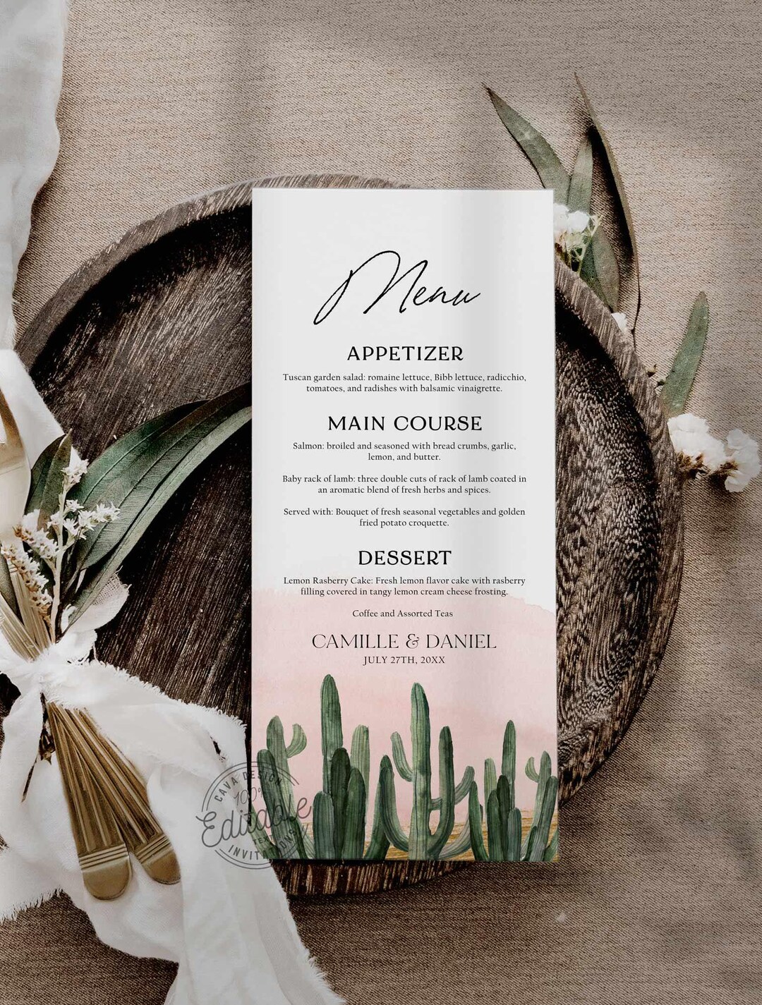Desert Themed Menu Card Template, Cactus Menu Card for Wedding ...