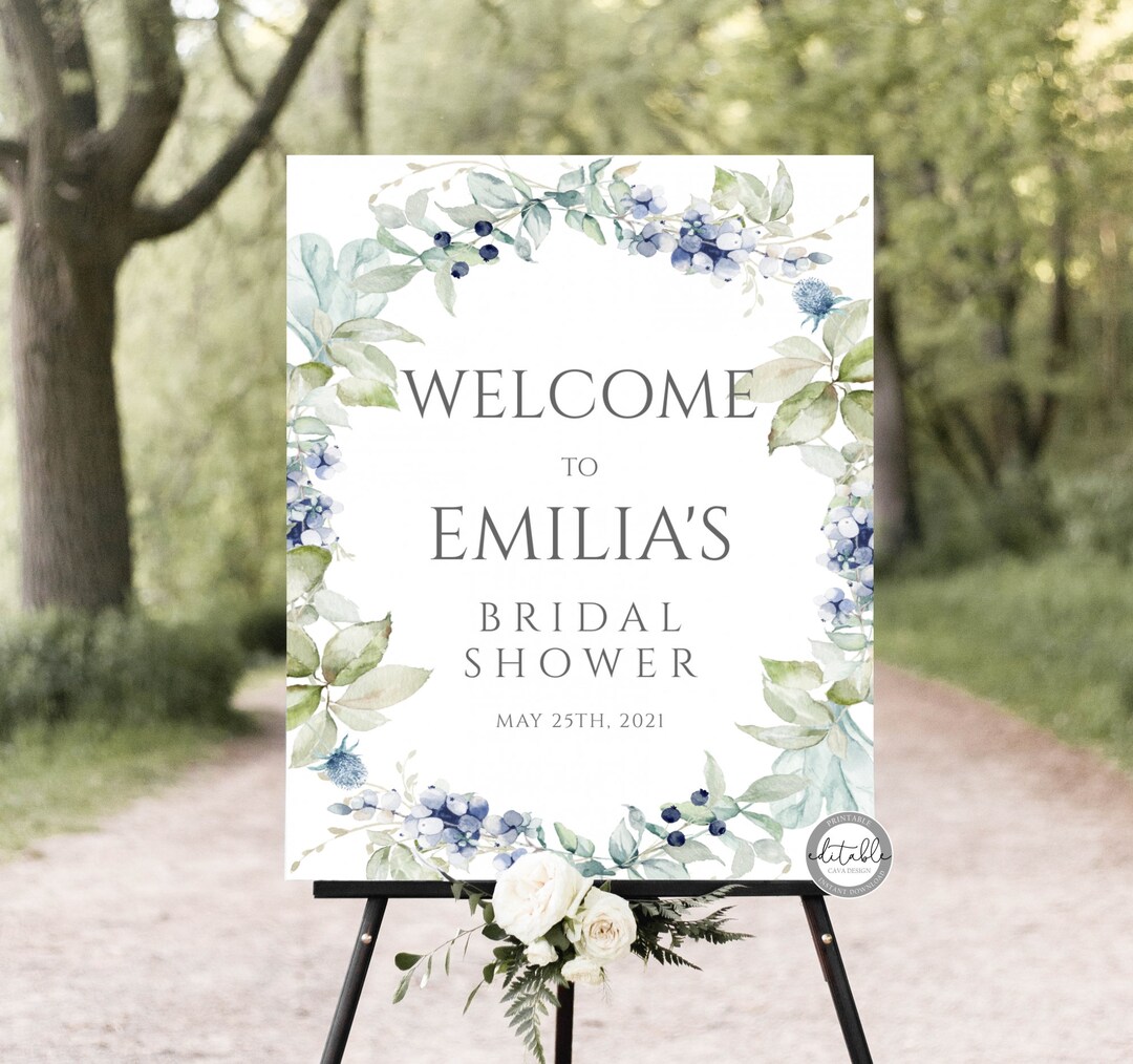 Blue Flower Welcome Sign, Welcome Sign Template, Digital Bridal Shower ...