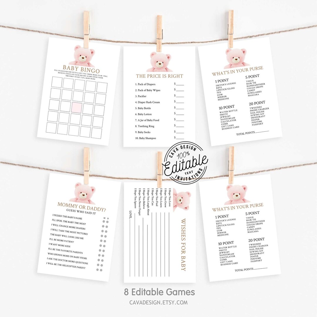 Pink Teddy Bear Baby Shower Games Bundle (editable, Printable) WD 224-P ...