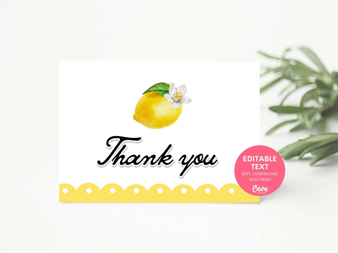 Lemon Thank You Editable Card, Lemon Theme Baby Shower Thank You Card ...
