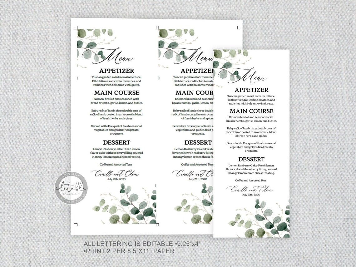 Greenery Wedding Menu Template Menu Card Template Editable - Etsy
