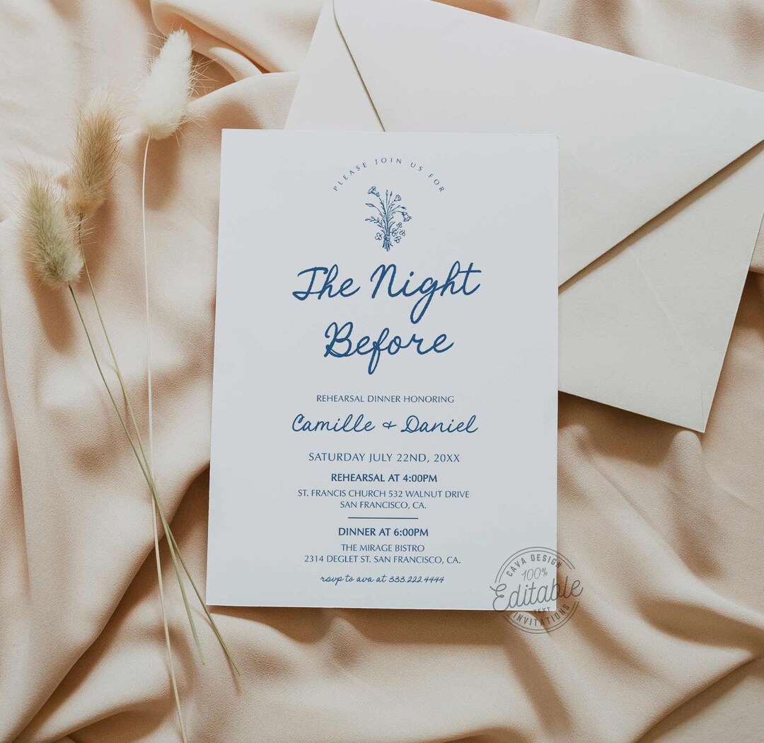 Blue Minimalist the Night Before Invitation, Botanical Rehearsal Dinner ...