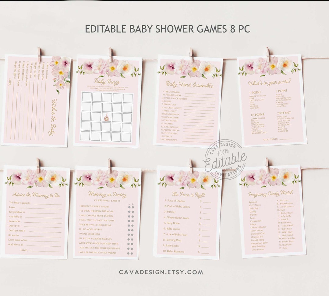 Pink Floral Baby Shower Game Bundle, Baby Shower Editable Games, Girl ...