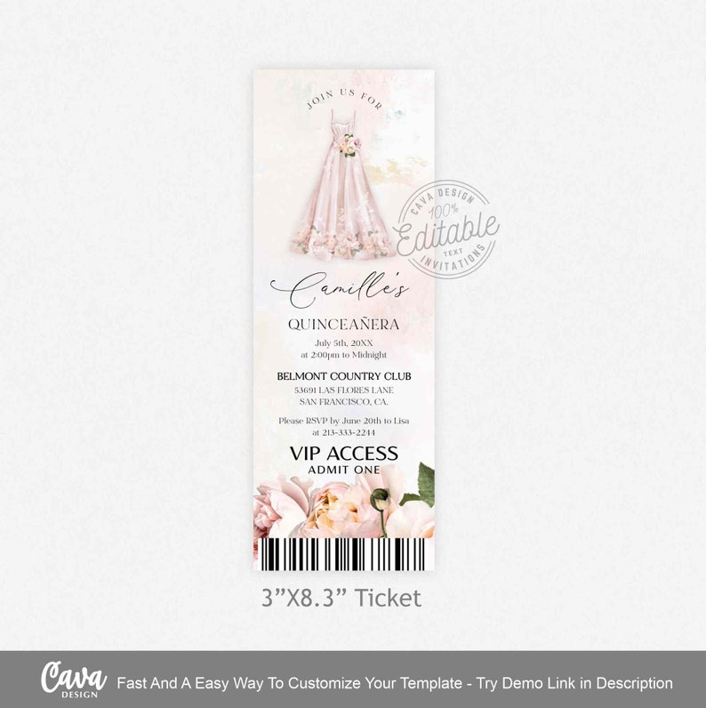 Blush Pink Quinceanera Ticket Invitation: Printable Invite Digital ...