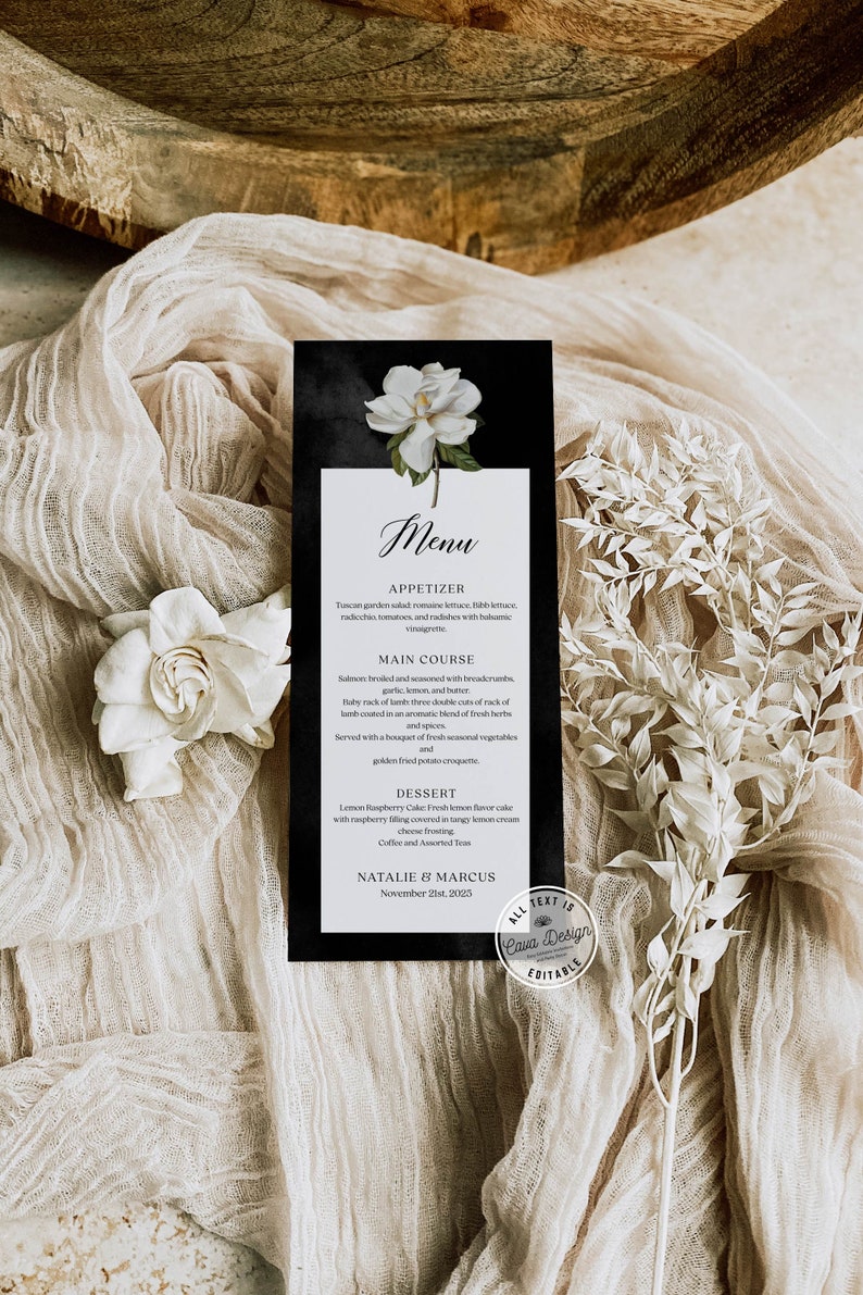 Black and White Magnolia Wedding Menu Template, Garden Wedding Dinner ...