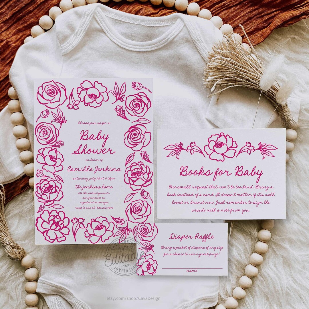 Editable Pink Floral Baby Shower Bundle, Hand Drawn, Books for Baby ...