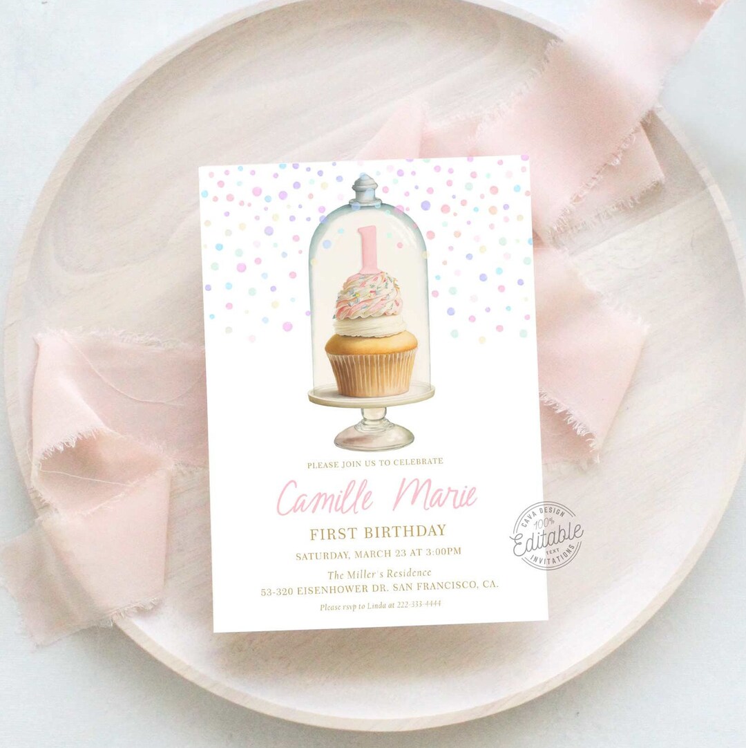 1st Birthday Girl Invitation, Cupcake First Birthday Invitation ...