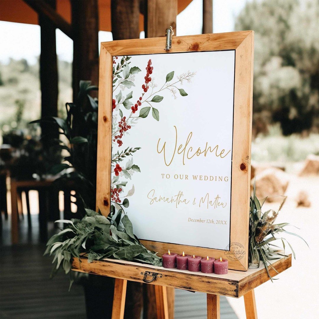 Rustic Winter Greenery Wedding Welcome Sign, Botanical Evergreen ...