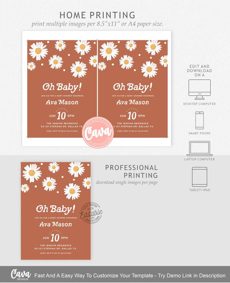 Daisy Baby Shower Invitation Oh Baby Retro Daisy Baby Shower | Etsy