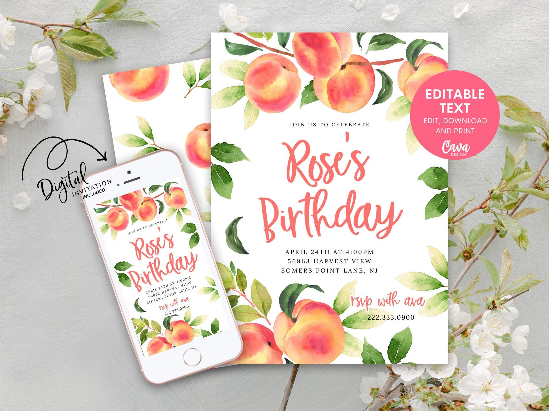 Editable Peach Birthday Invitation Peach Theme Party - Etsy UK