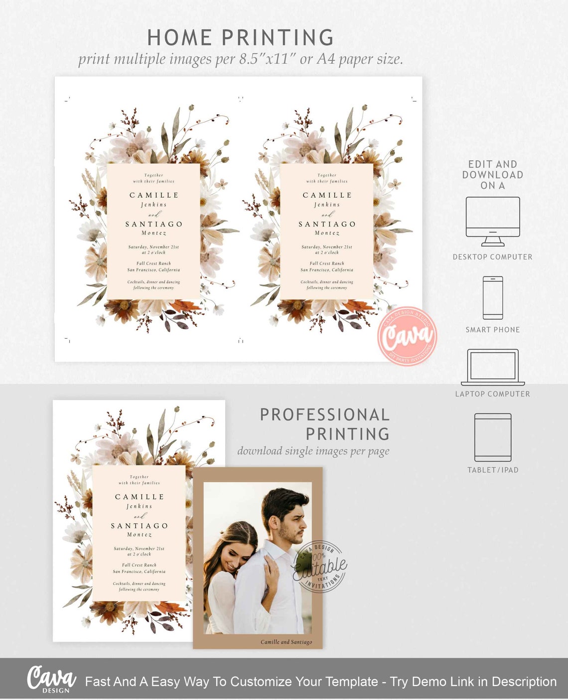 Boho Floral Wedding Invitation Fall Botanical Wedding - Etsy