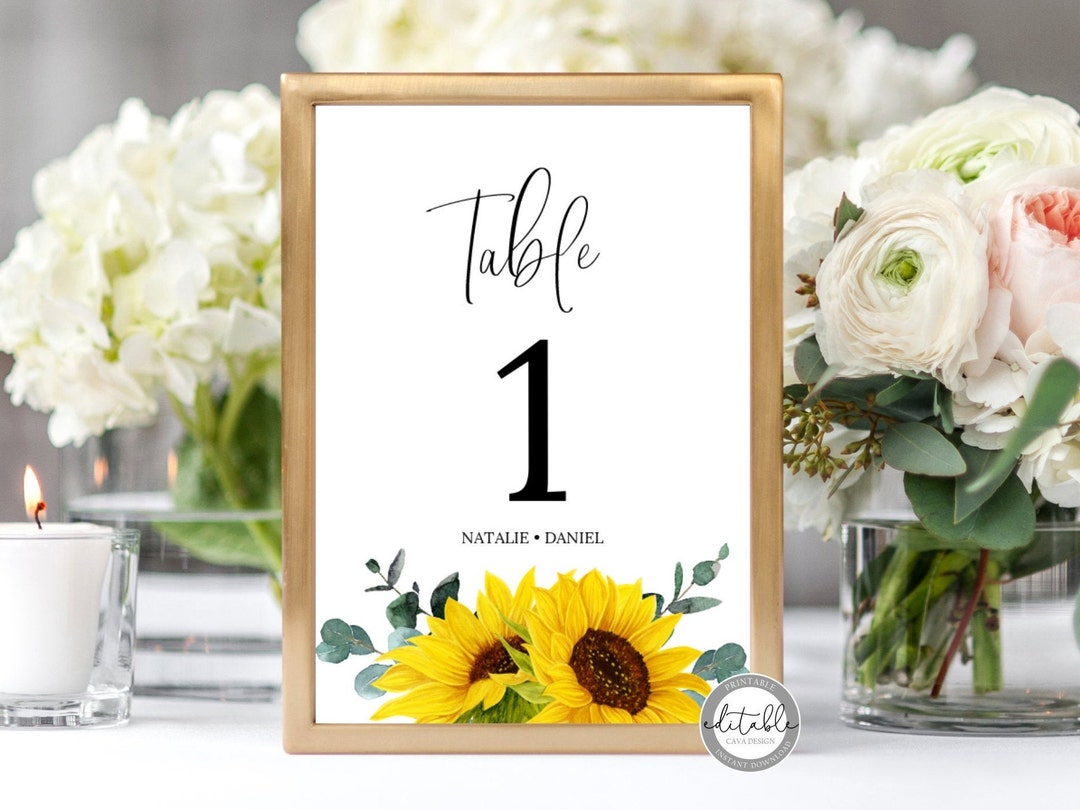 Sunflower Themed Wedding Table Numbers, Editable Table Number Cards ...