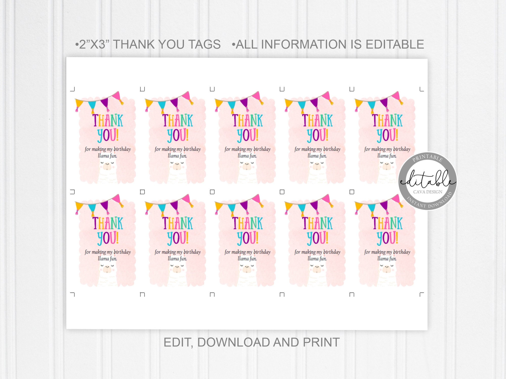 Llama Birthday Gift Tags, Favor Tags Printable, Llama Thank You Tags ...
