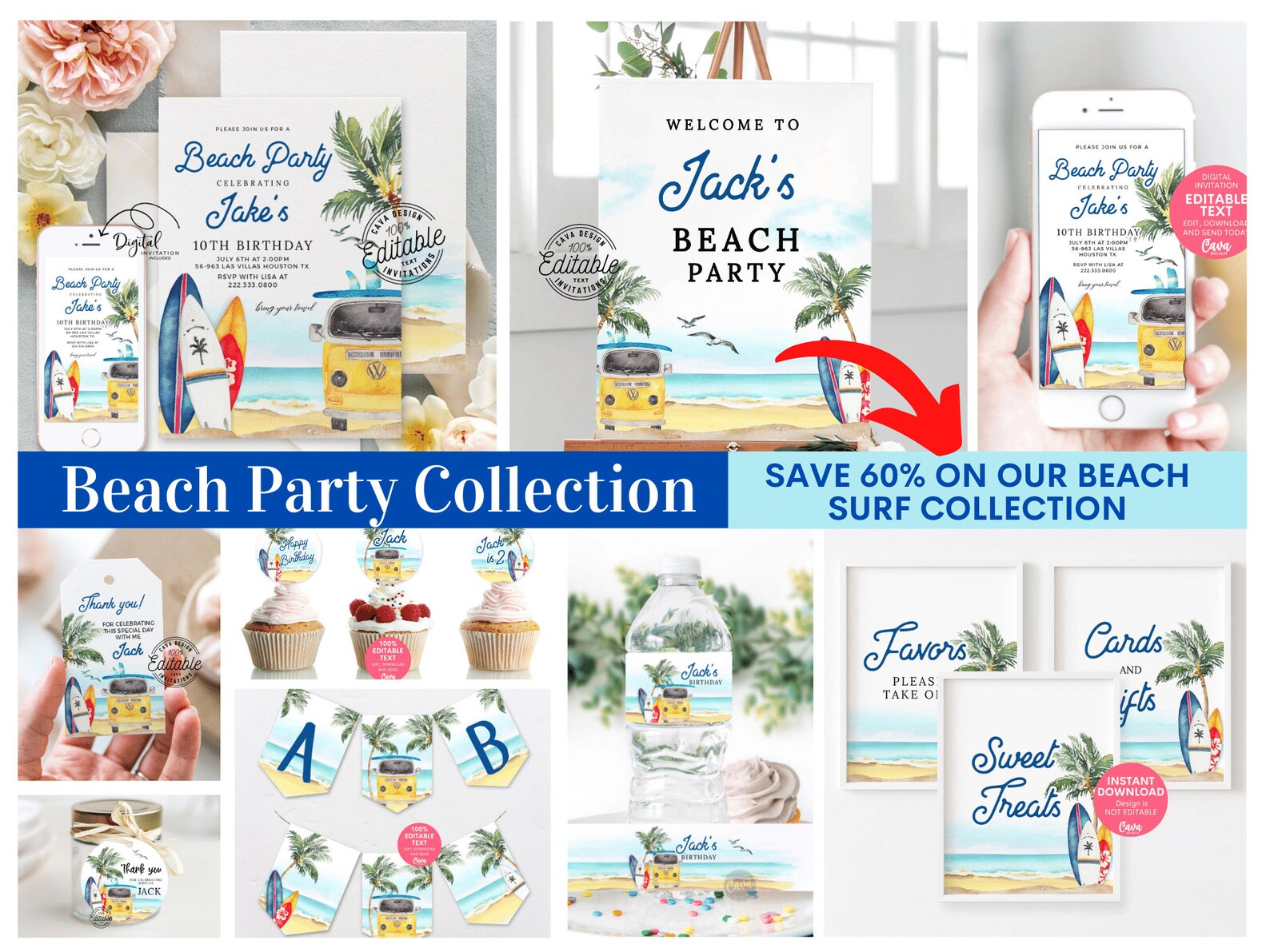 Beach Birthday Theme Party Bundle Summer Birthday Invitation - Etsy