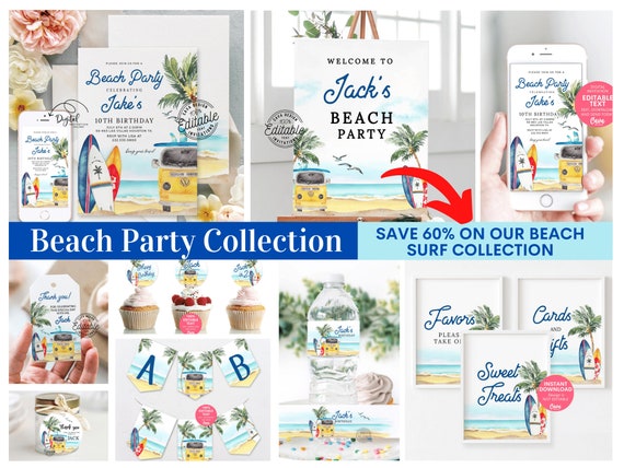 Beach Birthday Theme Party Bundle Summer Birthday Invitation - Etsy