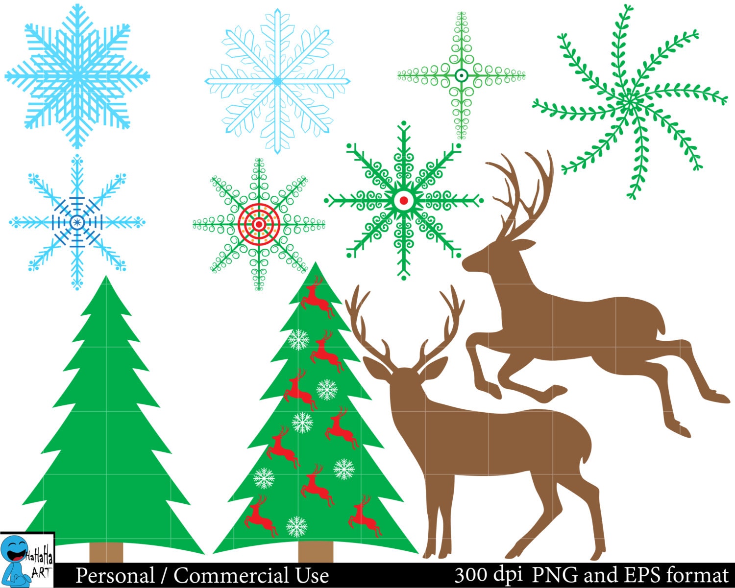 Prints Art & Collectibles Christmas deers Set Clipart Personal winter ...