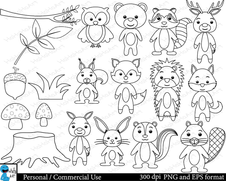 Outline forest animals Set Clipart Digital Clip Art | Etsy