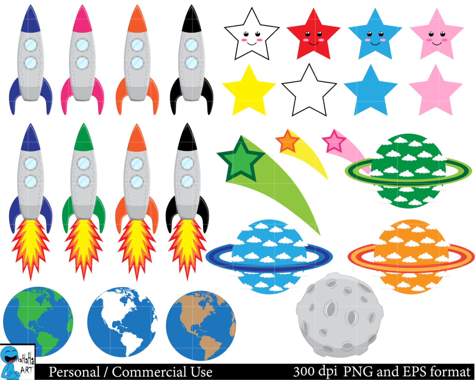 Space Clipart Set: Planets, Rockets, Aliens (114 PNG, EPS Digital ...