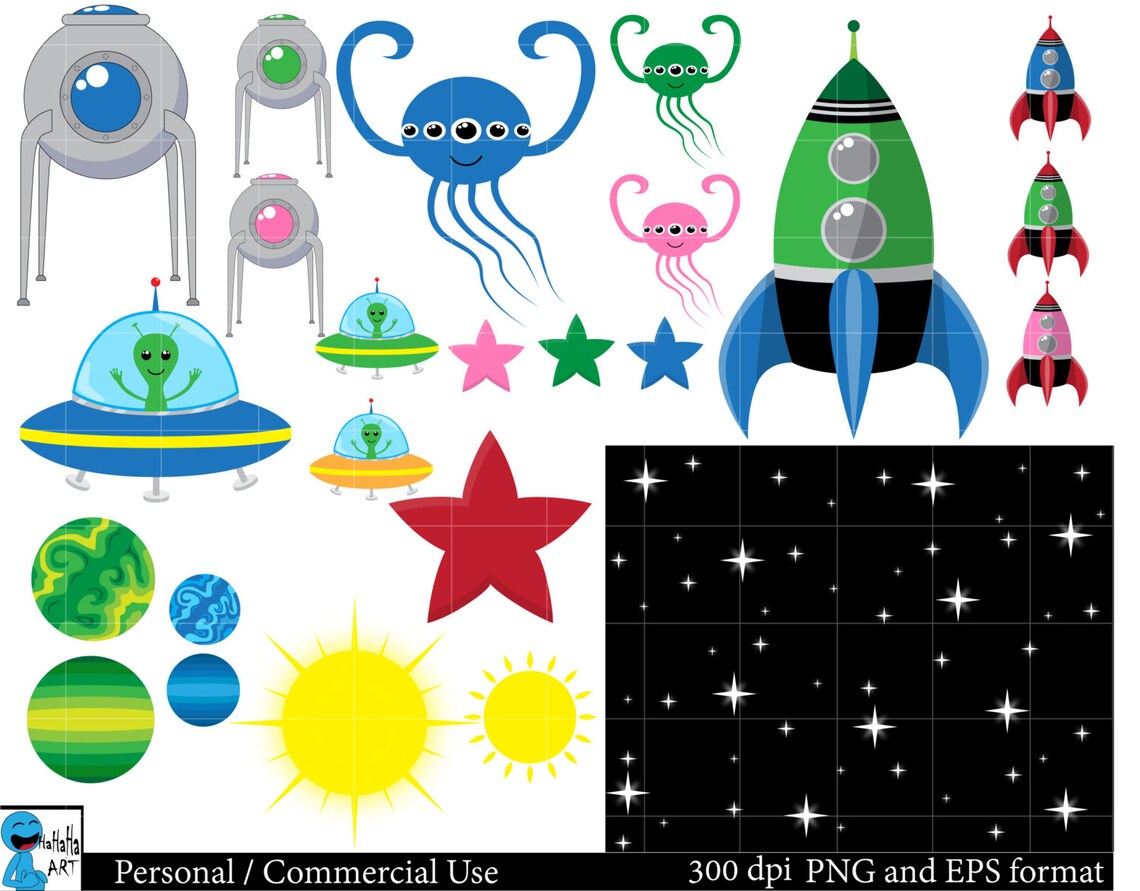 Space Clipart Set: Planets, Rockets, Aliens (114 PNG, EPS Digital ...