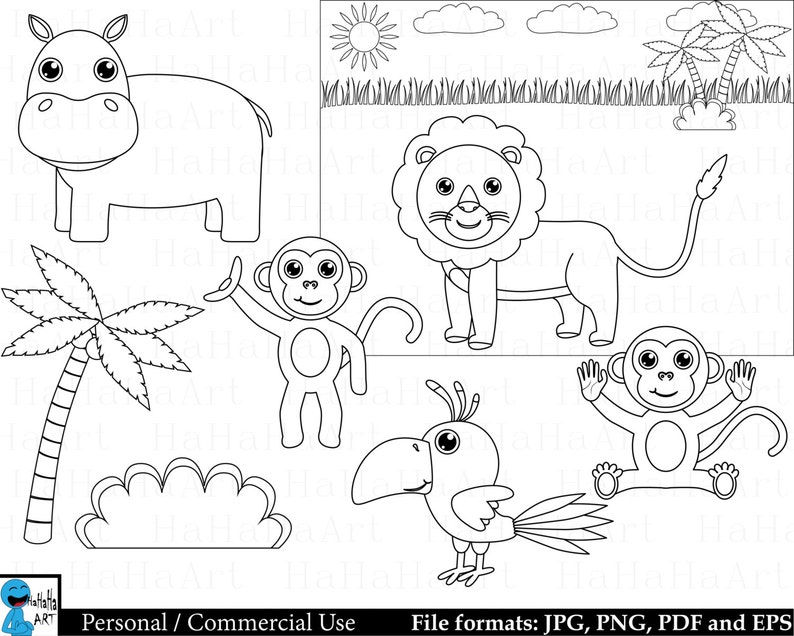 Outline safari animals Digital Clipart Clip Art Graphics | Etsy