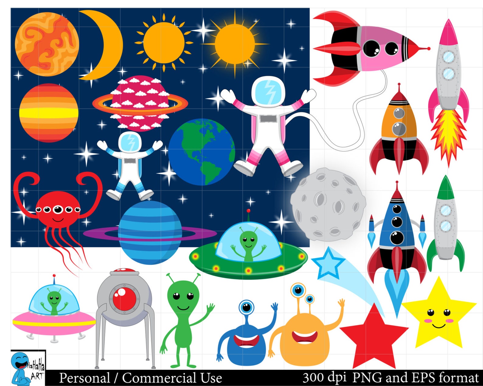 Space Clipart Set: Planets, Rockets, Aliens (114 PNG, EPS Digital ...