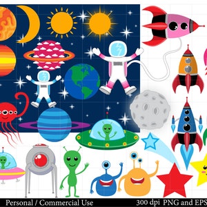 Space Clipart Set: Planets, Rockets, Aliens (114 PNG, EPS Digital ...
