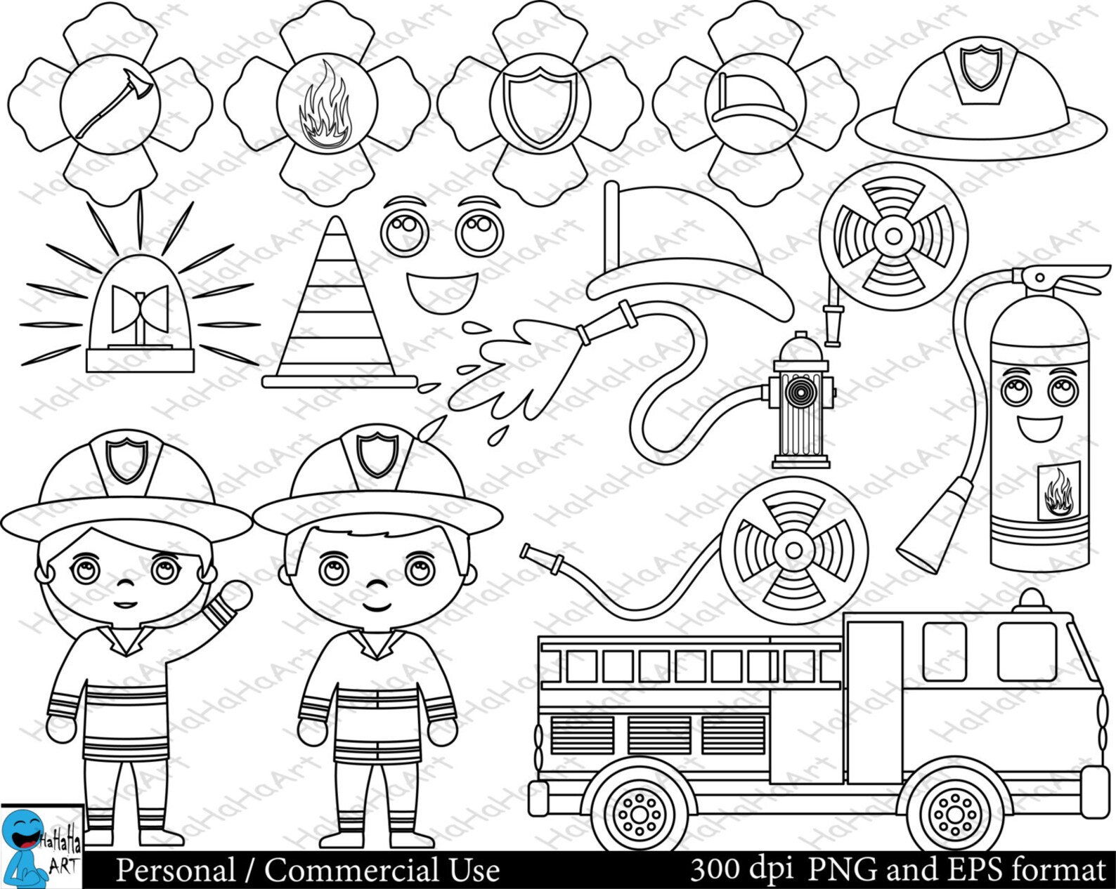Outline Firefighters Set Clipart Digital Clip Art Graphics - Etsy