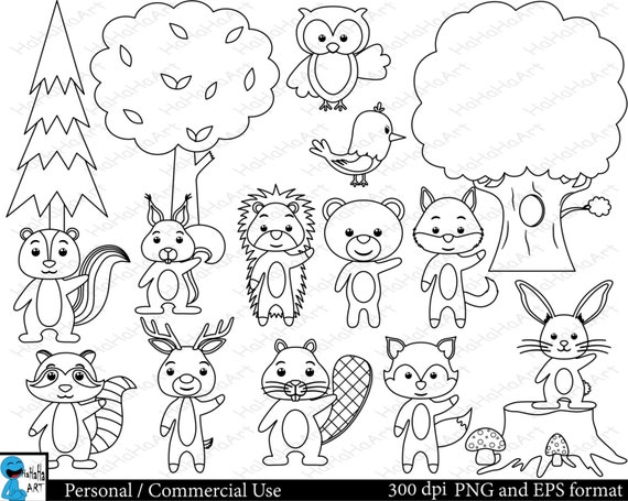 Outline forest animals Set Clipart Digital Clip Art | Etsy