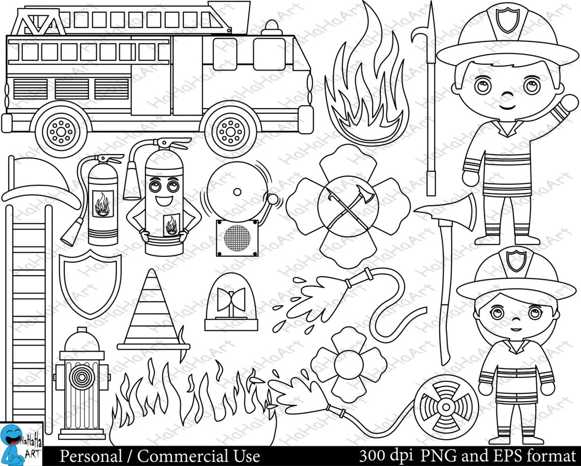 Outline Firefighters Set Clipart Digital Clip Art Graphics - Etsy