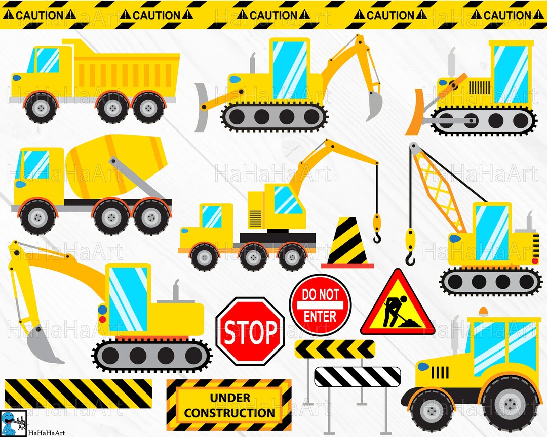 Construction Vehicle Clipart: Yellow Trucks, Signs SVG PNG JPG (digital ...