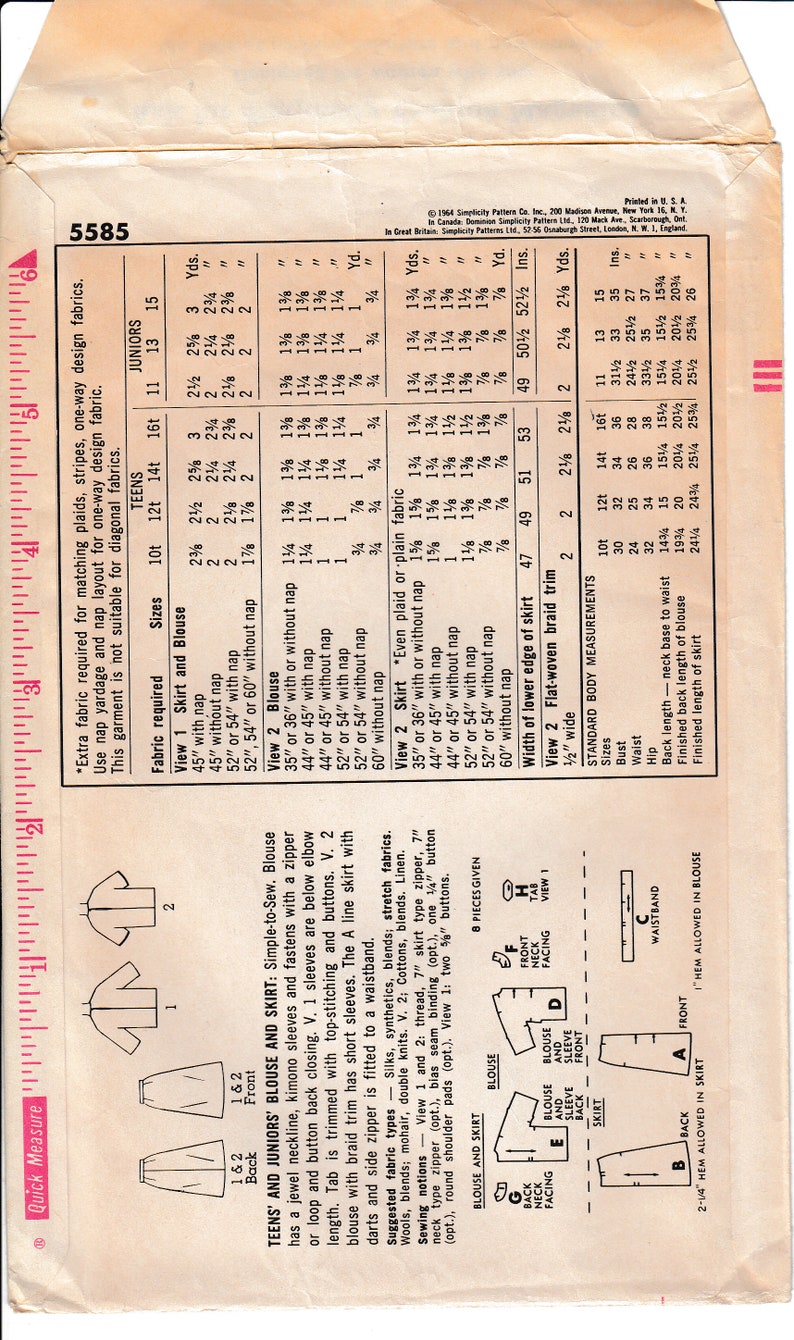 S5585 Simplicity 5585 Teens and Juniors Blouse and Skirt 1960s Vintage ...
