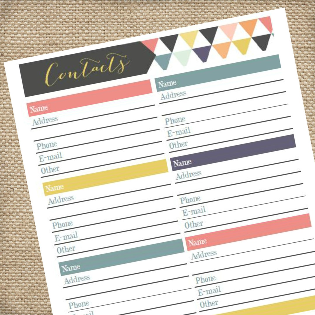 Printable Contact Tracker, Instant Download PDF , Bright Triangles ...