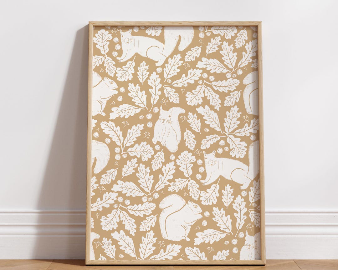 Squirrels Acorns and Oak Leaves Print: Neutral Farmhouse Fall Wall ...