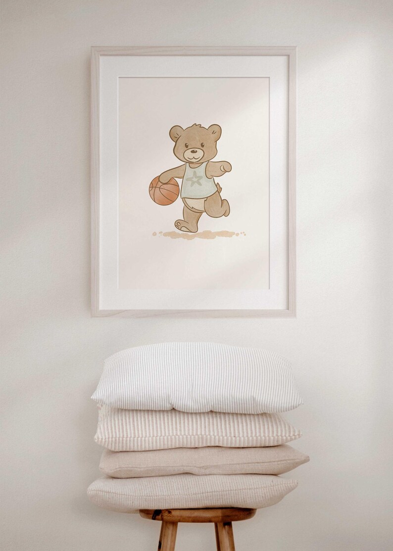 Basketball Teddy Bear Nursery Print: Sage Green Sports Art (digital ...