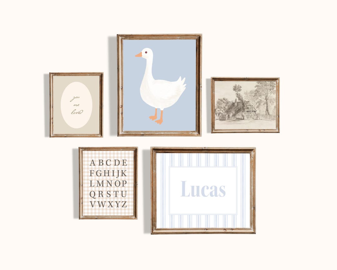 Blue and Beige Silly Goose Nursery Gallery Wall Set of 5 Art Prints ...