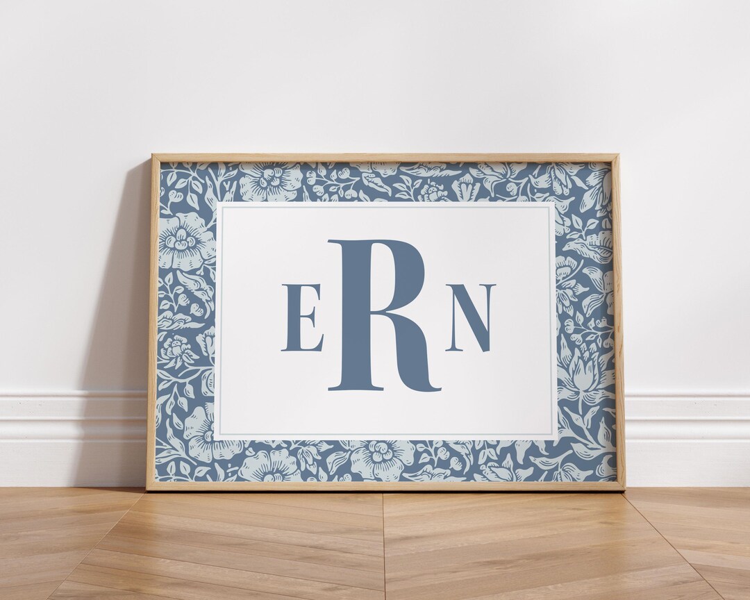 Custom Monogram on Vintage Floral Digital Print Shown in Blue ...