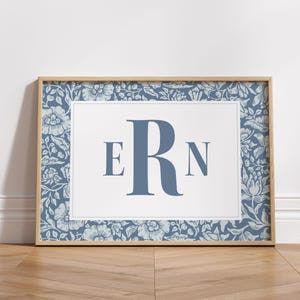 Custom Monogram on Vintage Floral Digital Print Shown in Blue ...