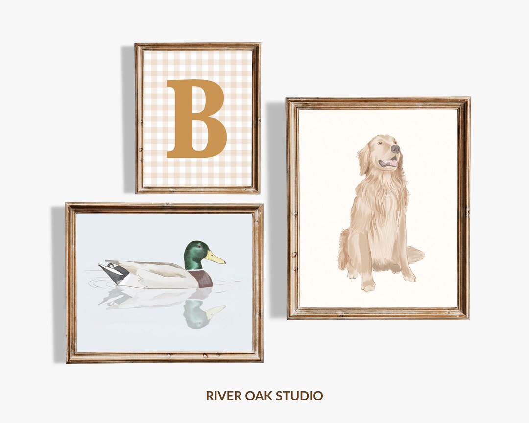Duck and Dog Nursery Prints: Gingham Initial Sign, Golden Retriever ...