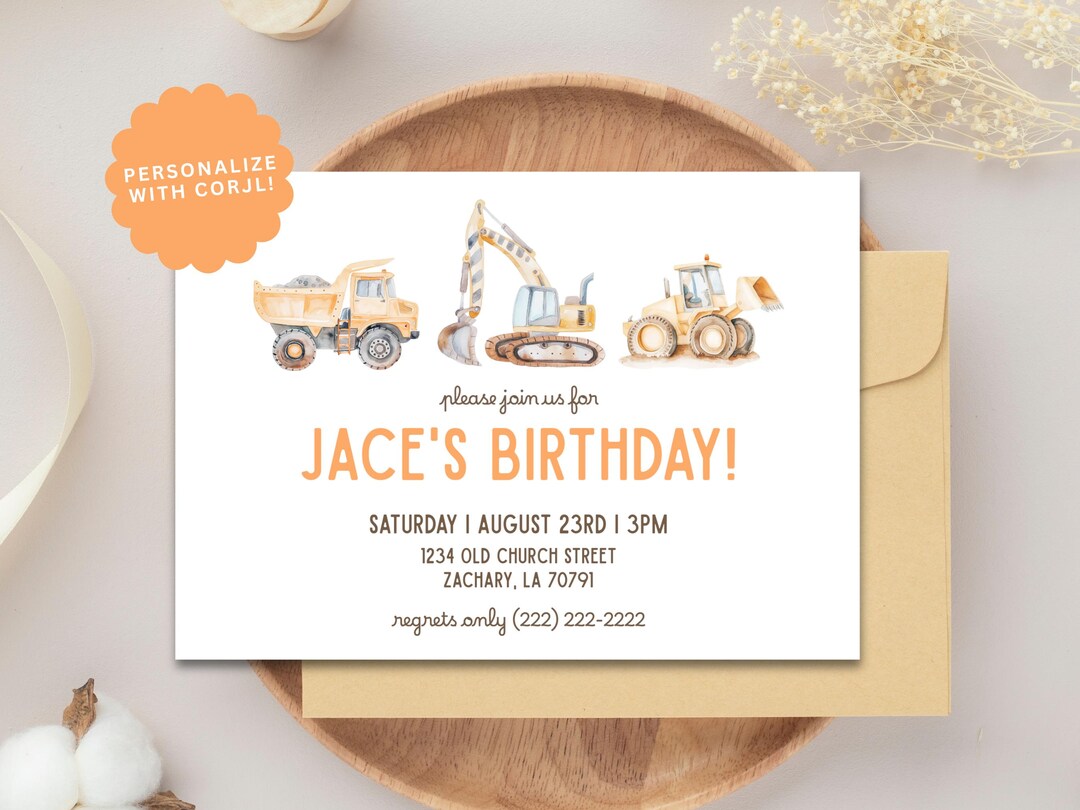 Construction Vehicles Birthday Party Invitation, Digital Invitation ...