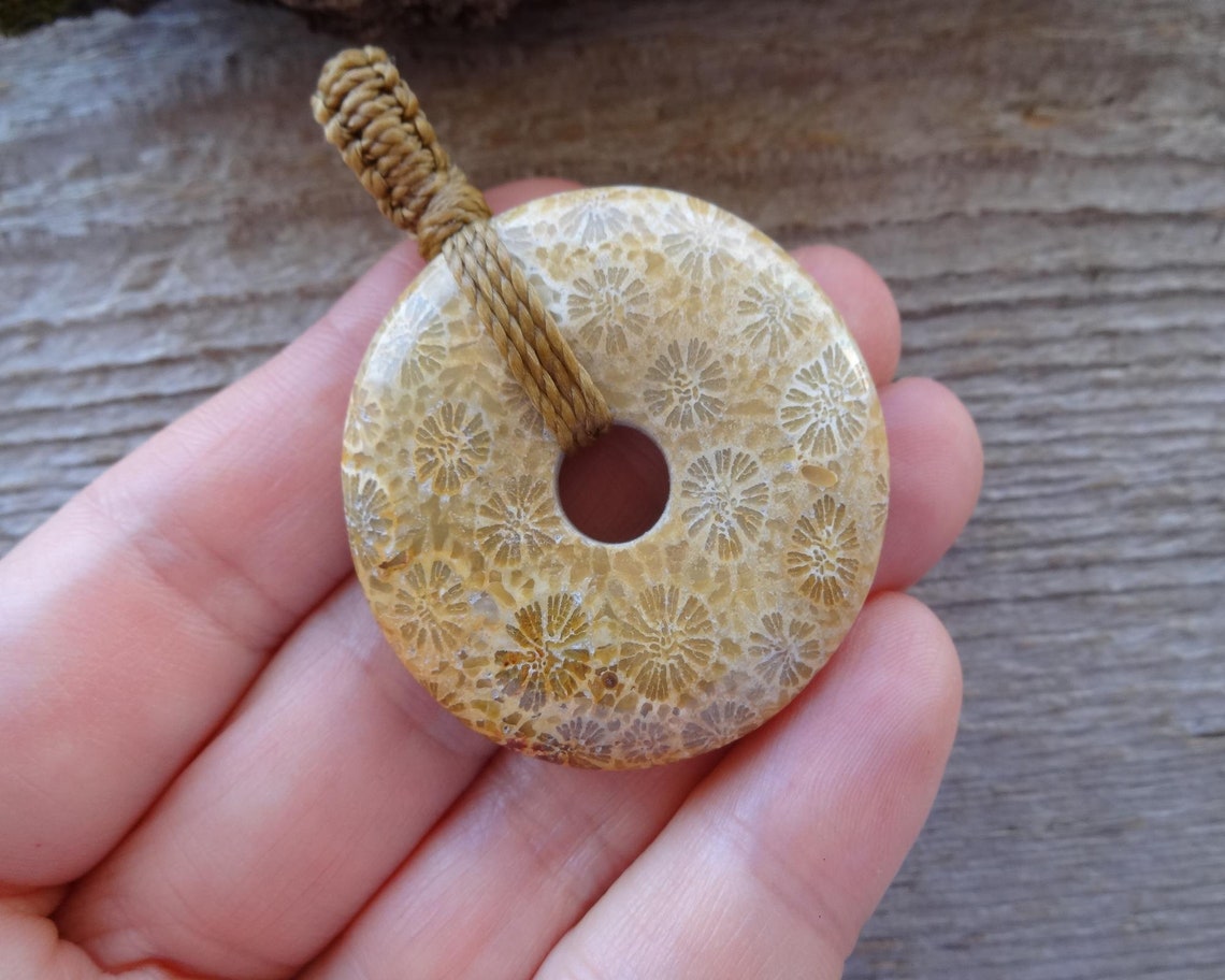 Fossil Coral Round Donut Macrame Necklace Grounding - Etsy