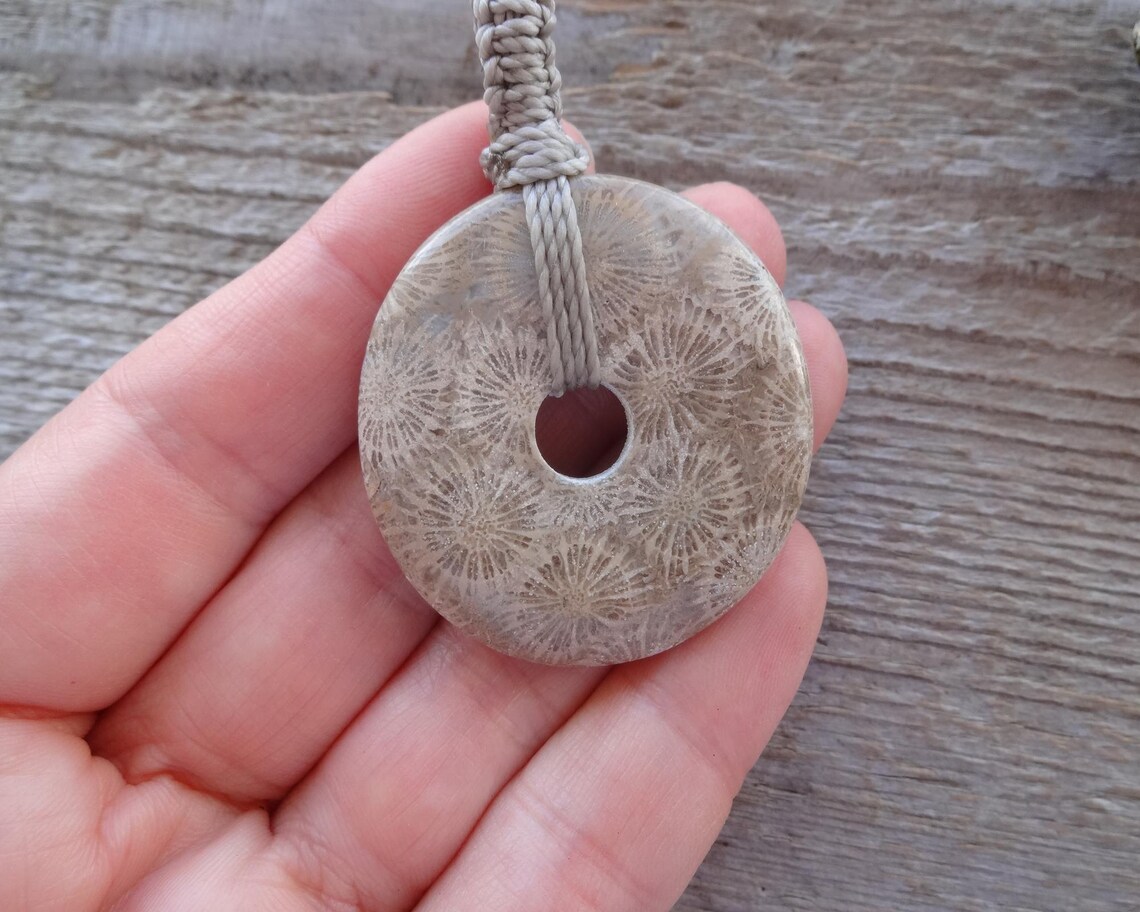 Fossil Coral Round Donut Macrame Necklace Grounding - Etsy