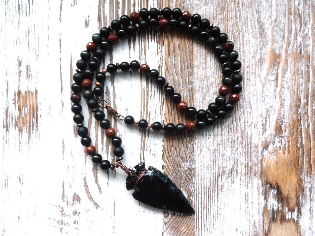 Arrowhead Necklace for Men, Long Yoga Mala 108 Bead Necklace, Obsidian ...