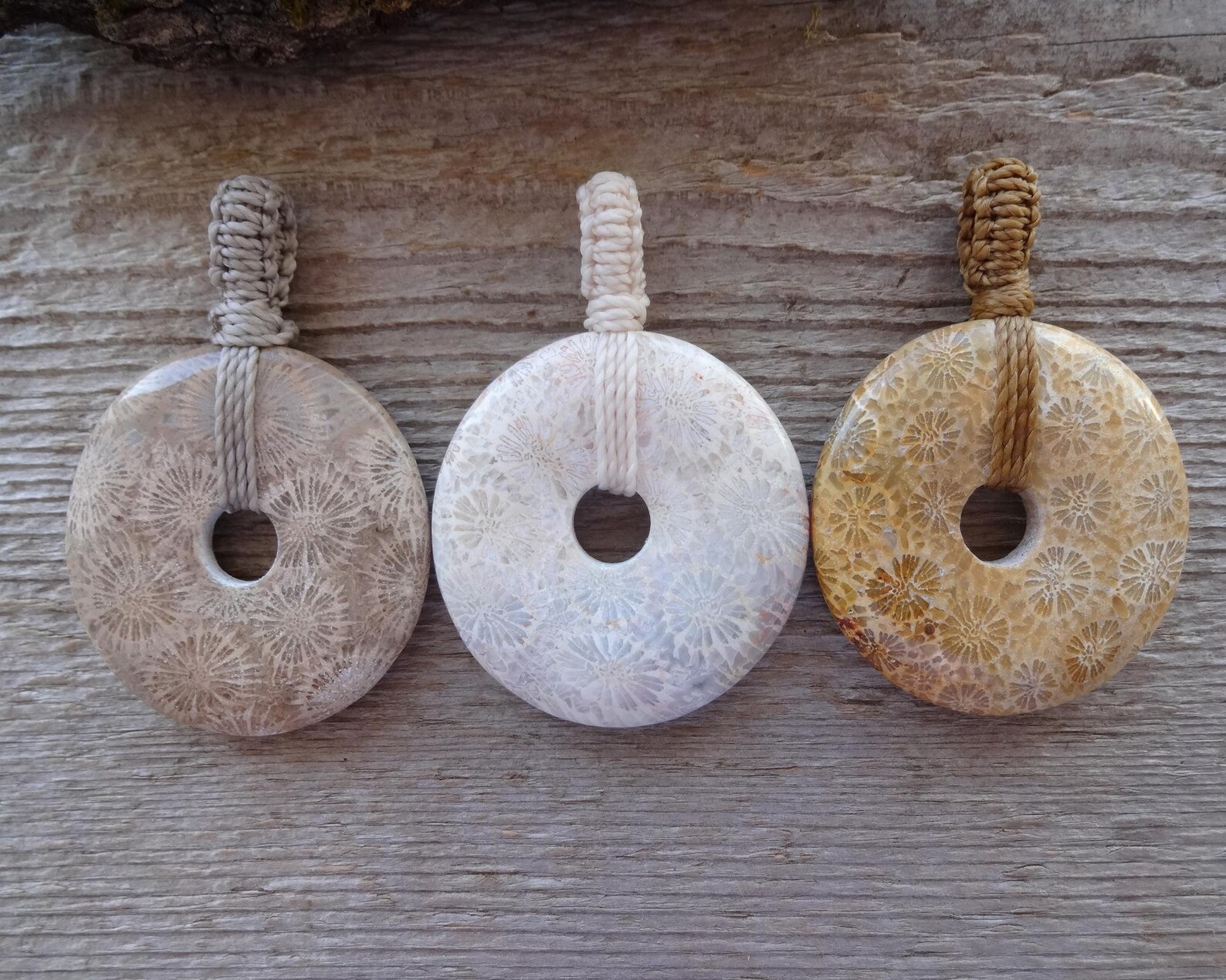 Fossil Coral Round Donut Macrame Necklace Grounding - Etsy
