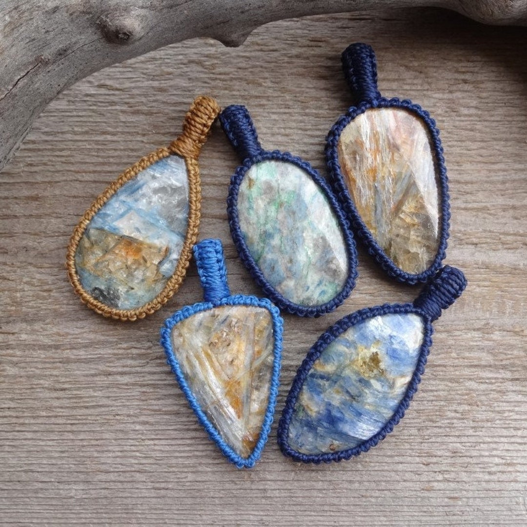 Blue Orange Kyanite Macrame Necklace, Chakra Meditation Crystal, Blue Crystal Pendant Necklace ...