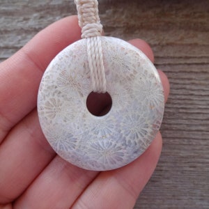 Fossil Coral Round Donut Macrame Necklace, Grounding Protection Stones ...