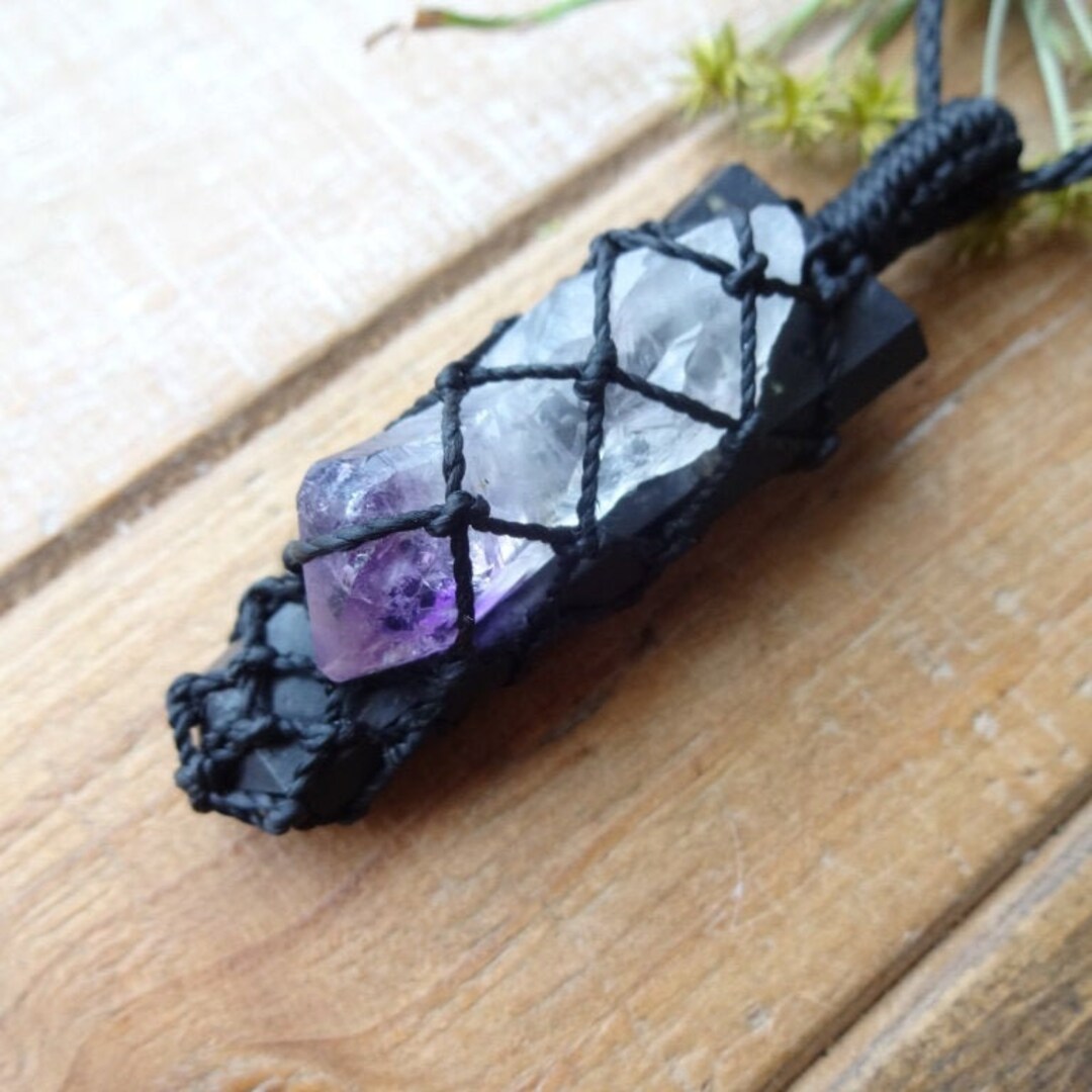 Black Tourmaline Macrame Necklace / Amethyst Crystal Pendant Necklace / Handmade Harmony Balance ...