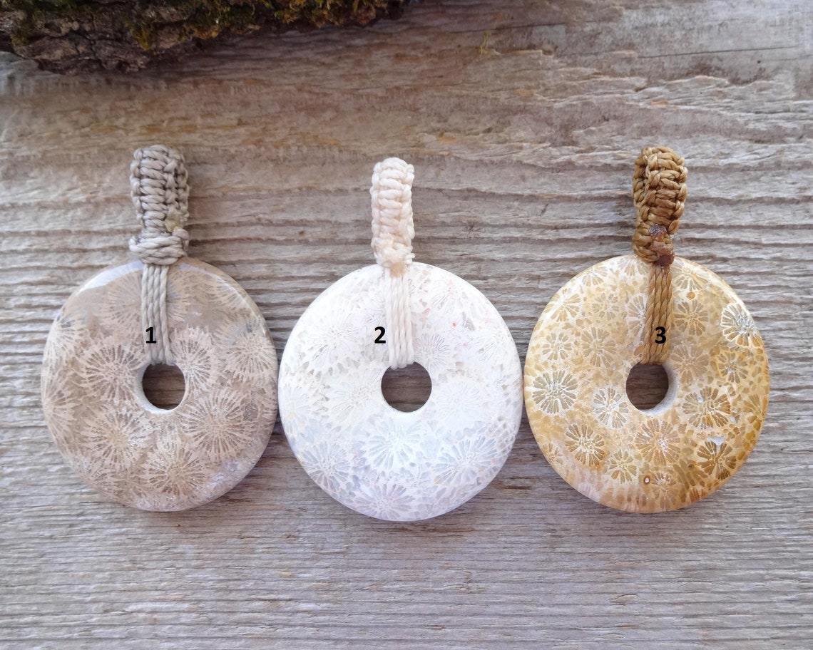 Fossil Coral Round Donut Macrame Necklace Grounding - Etsy